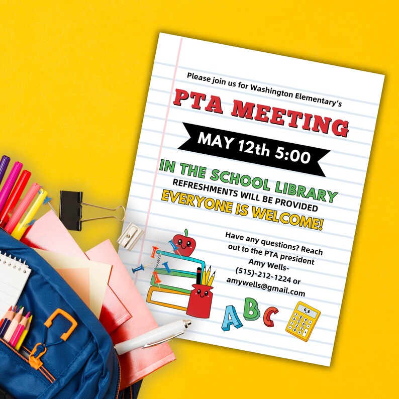 PTA Meeting FLYER & Mobile Invitation, Customized PTO Teacher ...