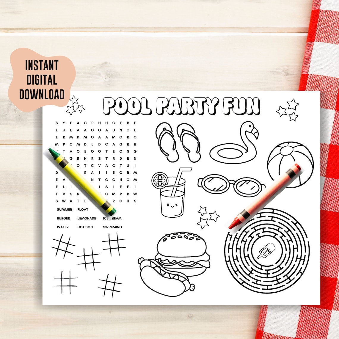 Pool Party Coloring Sheets: Kids Summer Activity Bundle (digital Print ...