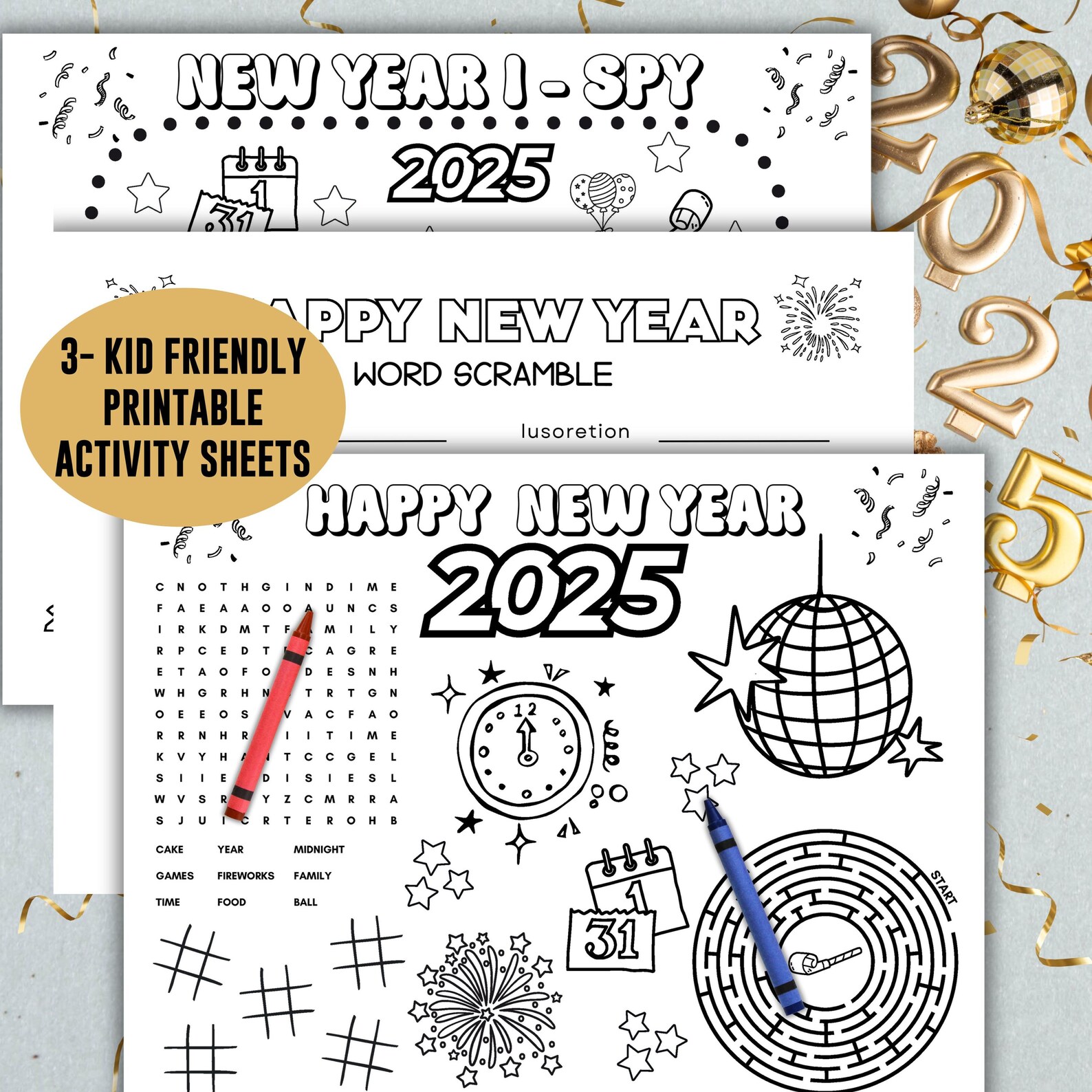 New Years Eve Coloring Game Bundle, Kid Digital Holiday Party Activity ...