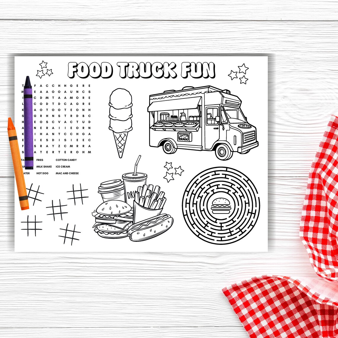 2 Food Truck Coloring Activity Placemat, Printable Summer Kids Game ...