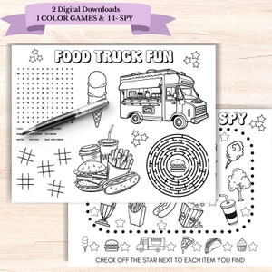 2 Food Truck Coloring Activity Placemat, Printable Summer Kids Game ...