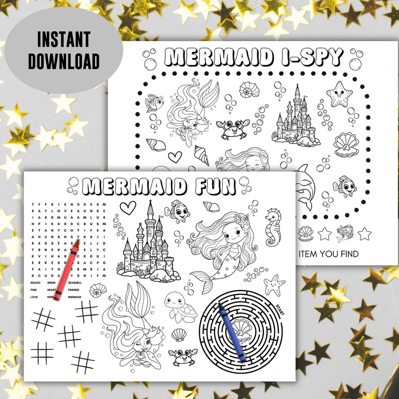 Mermaid Coloring Pages, Girl Birthday Activity Sheet, Kid Party Favor ...