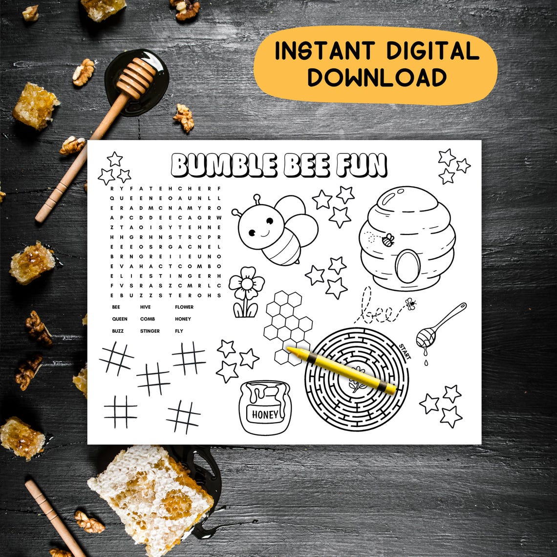 Bumble Bee Coloring Sheet, Birthday Party Activity Favor, Kids ...