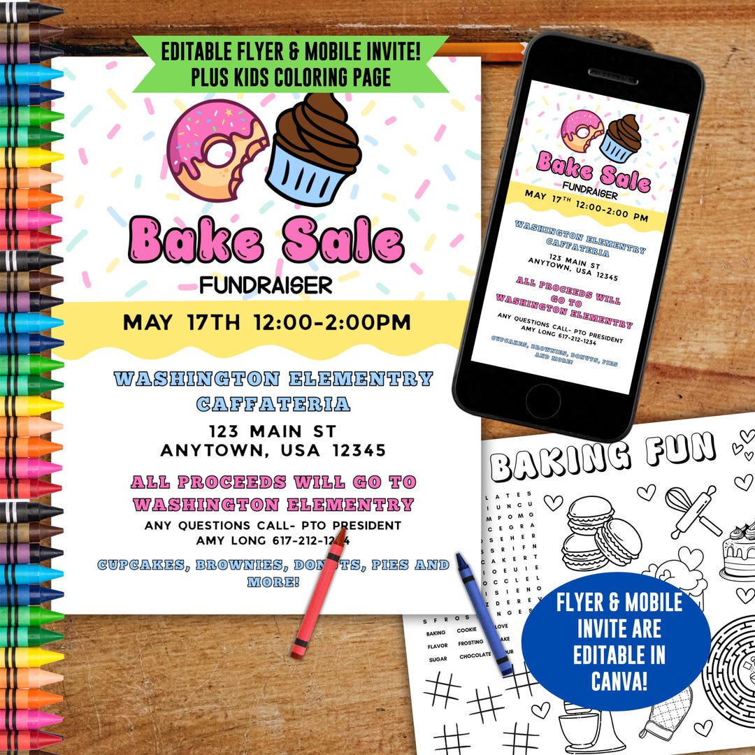 Bake Sale FLYER & Mobile Invitation, Customized PTO or PTA Fundraiser ...