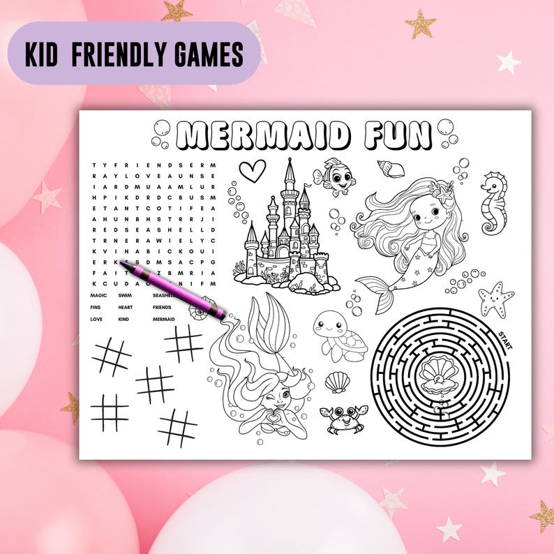 Mermaid Coloring Pages, Girl Birthday Activity Sheet, Kid Party Favor ...