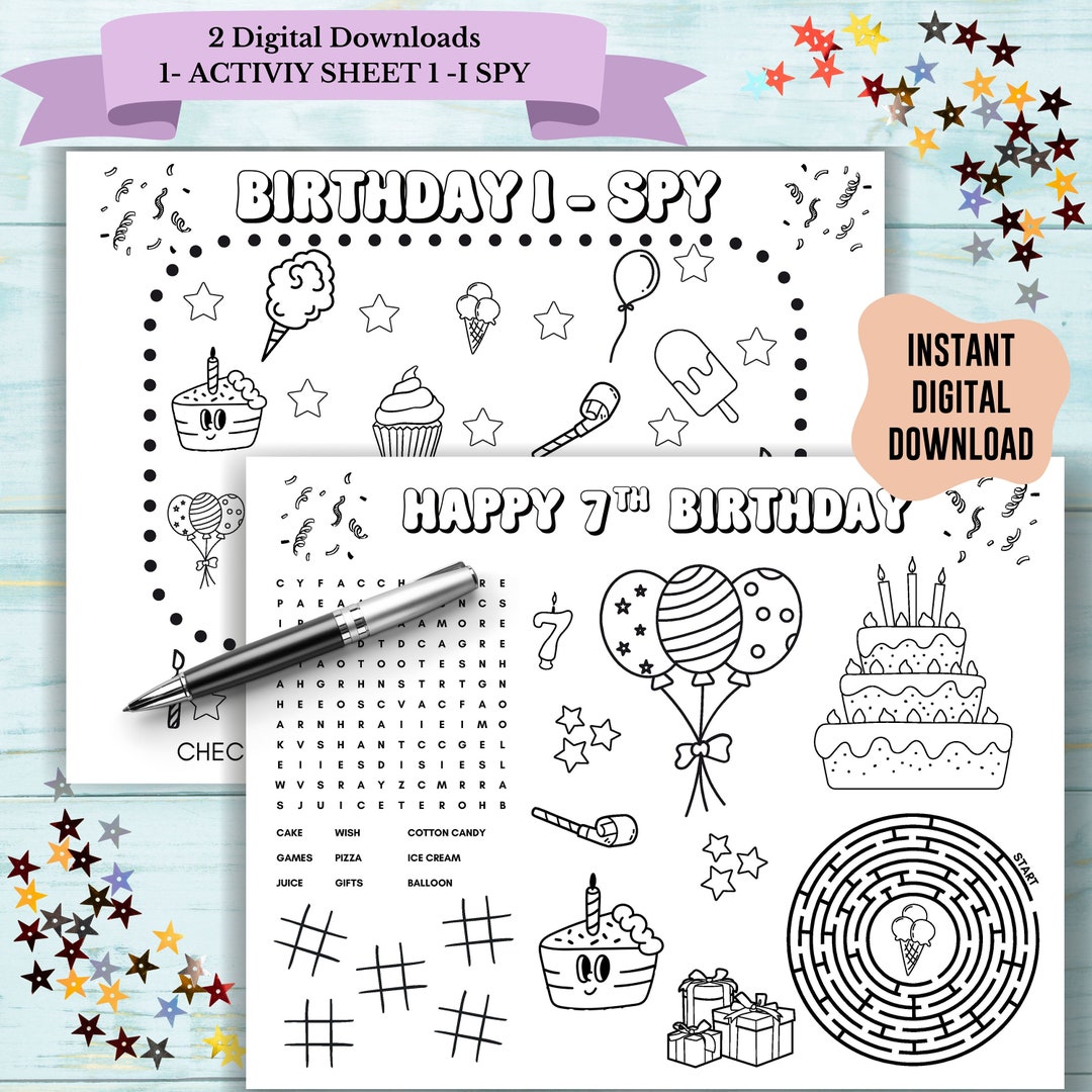 7th Birthday Party Favor, Coloring Activity Sheets, Printable Kid ...