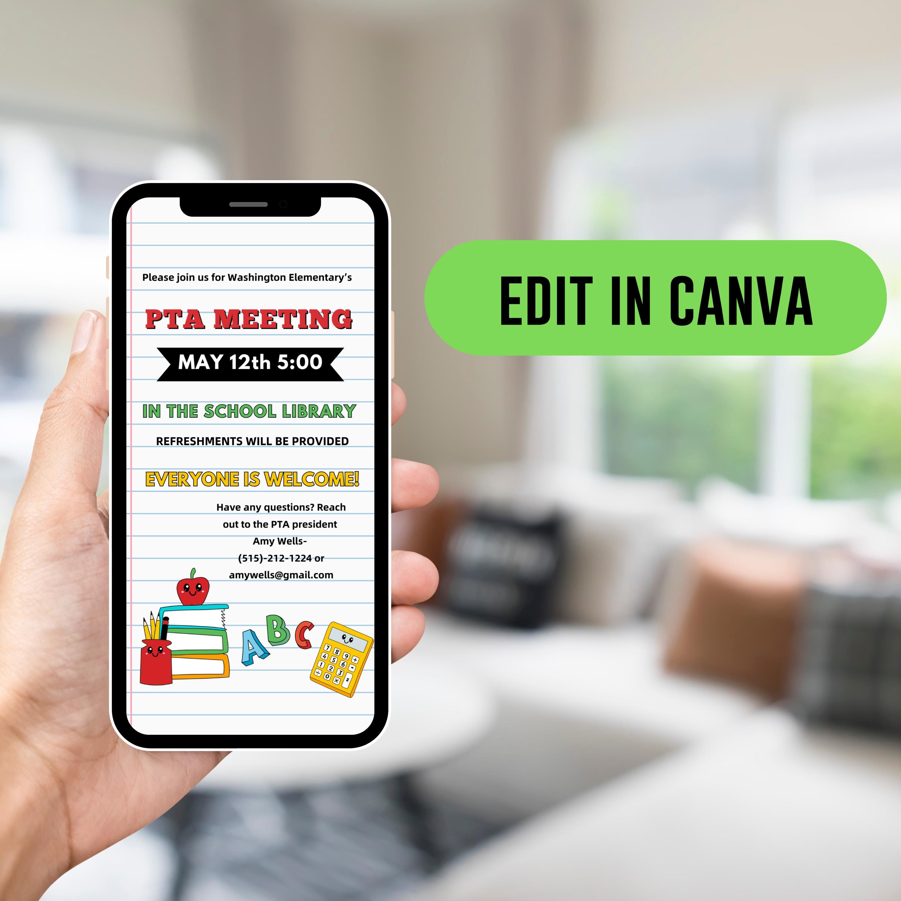 PTA Meeting FLYER & Mobile Invitation, Customized PTO Teacher ...