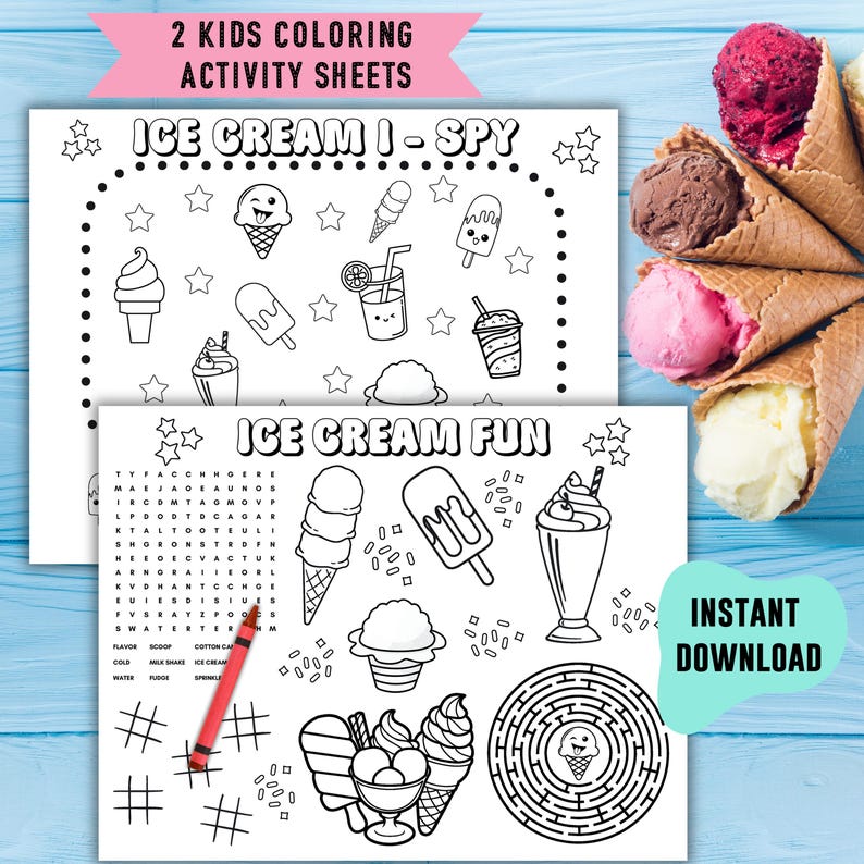 Ice Cream Party Coloring Activity Sheet, Printable Ice Cream Parlor Kid ...