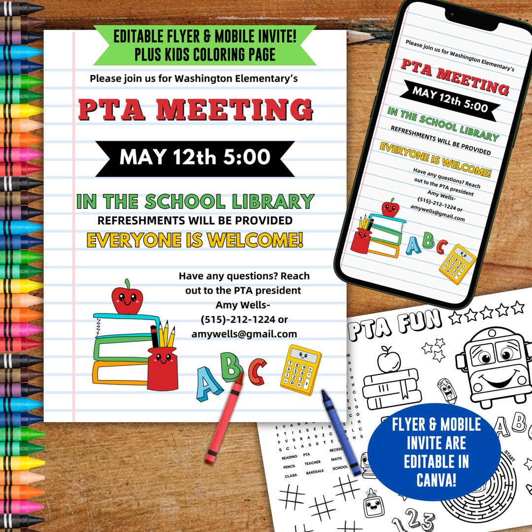 PTA Meeting FLYER & Mobile Invitation, Customized PTO Teacher ...