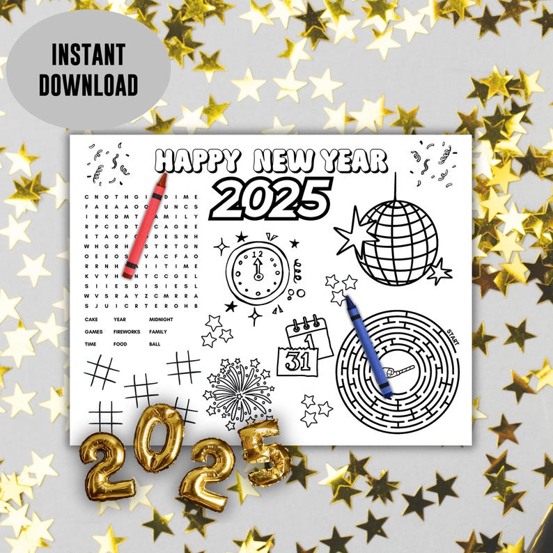 New Years Eve Coloring Game Bundle, Kid Digital Holiday Party Activity ...