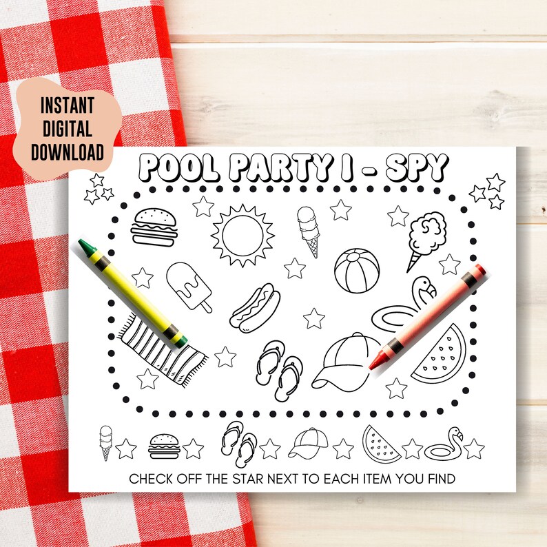 2 Pool Party Coloring Activity Sheets, Printable Summer Kids Game Gift ...