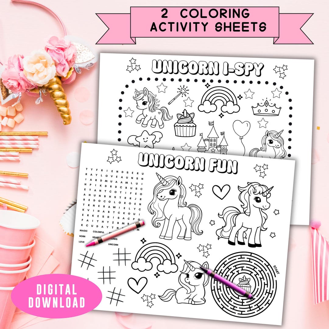 Unicorn Coloring Pages, Girl Birthday Activity Sheet, Kid Party Favor ...
