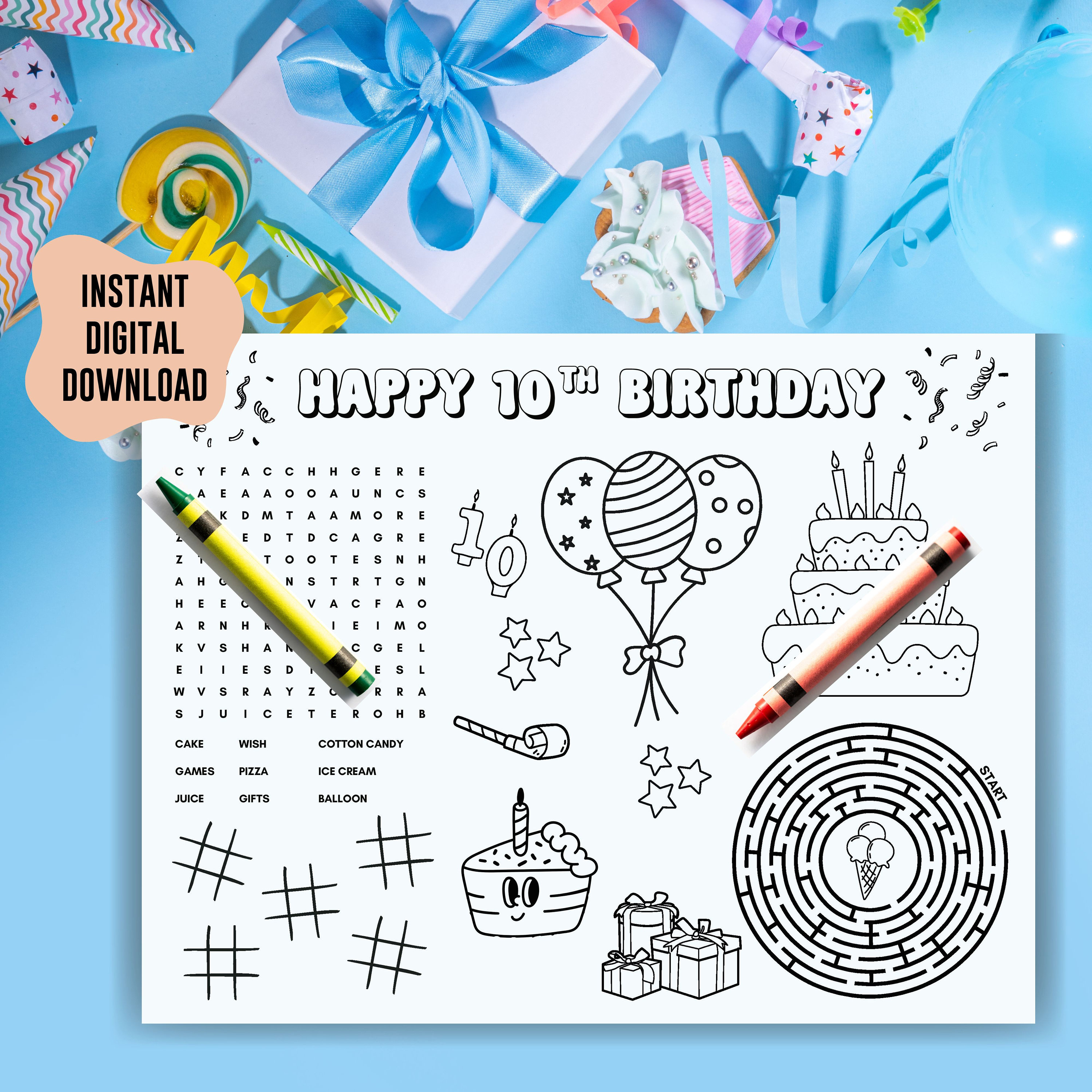 10th Birthday Party Favor Games, Printable Kid Coloring Page Activity ...