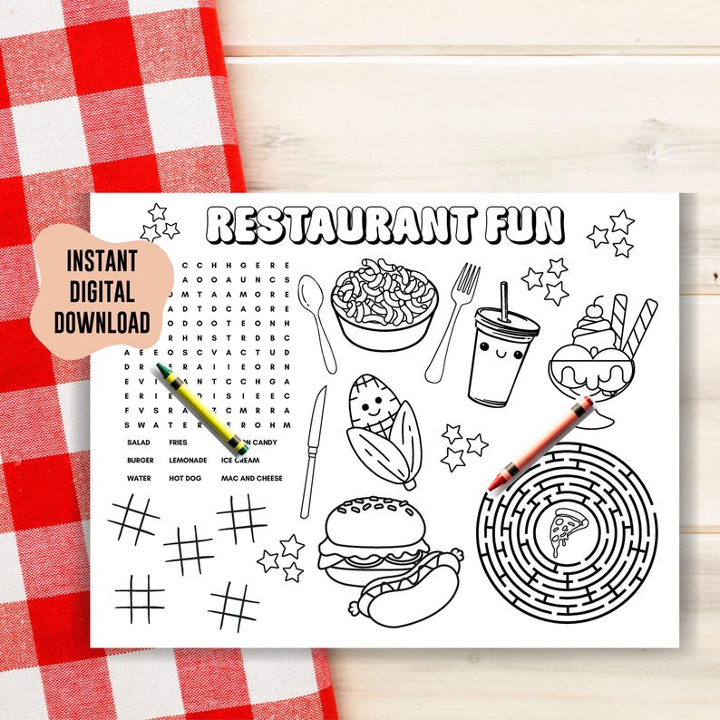 Foodie Restaurant Kids Coloring Placemat, Digital Dinner Lunch Activity ...