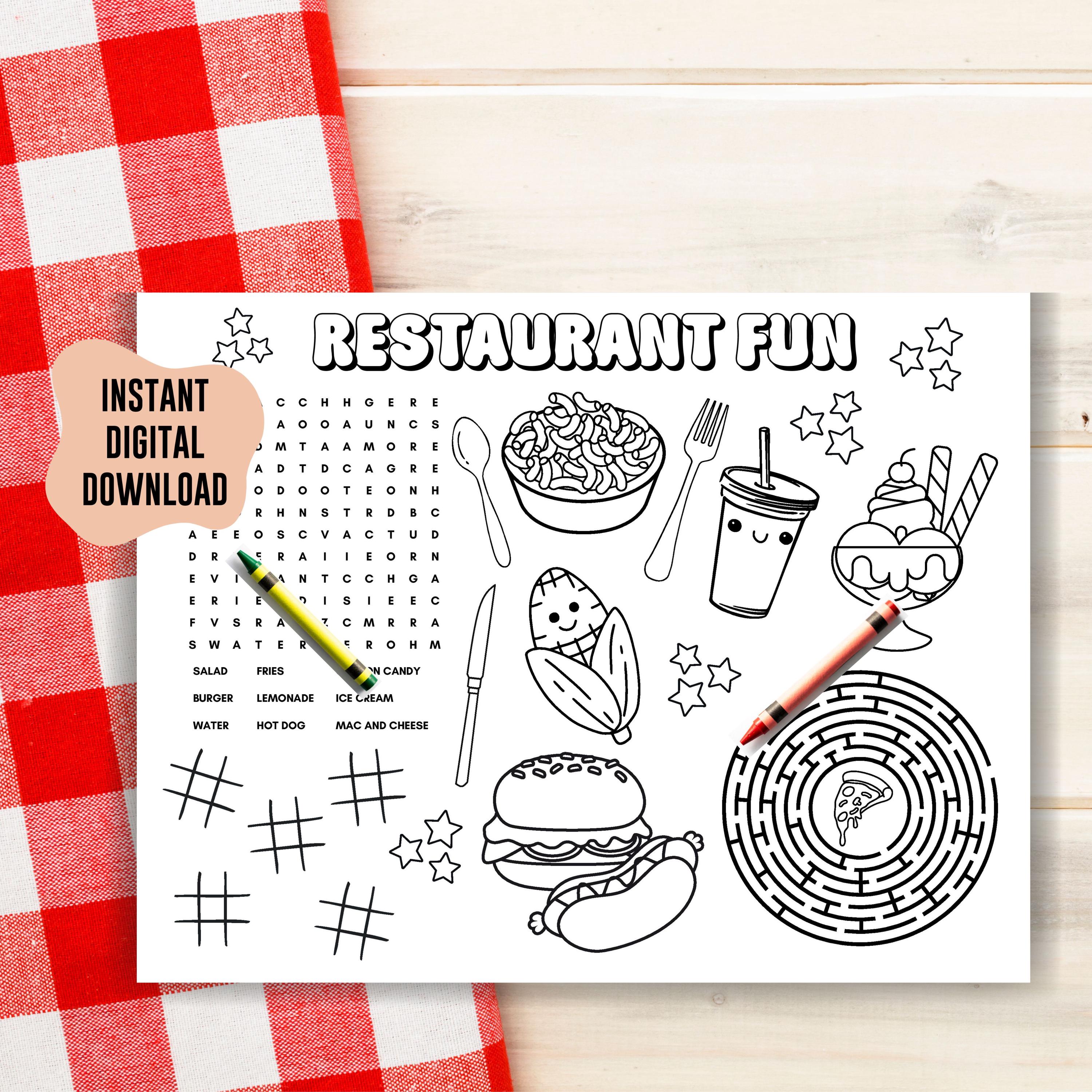 Foodie Restaurant Kids Coloring Placemat, Digital Dinner Lunch Activity ...