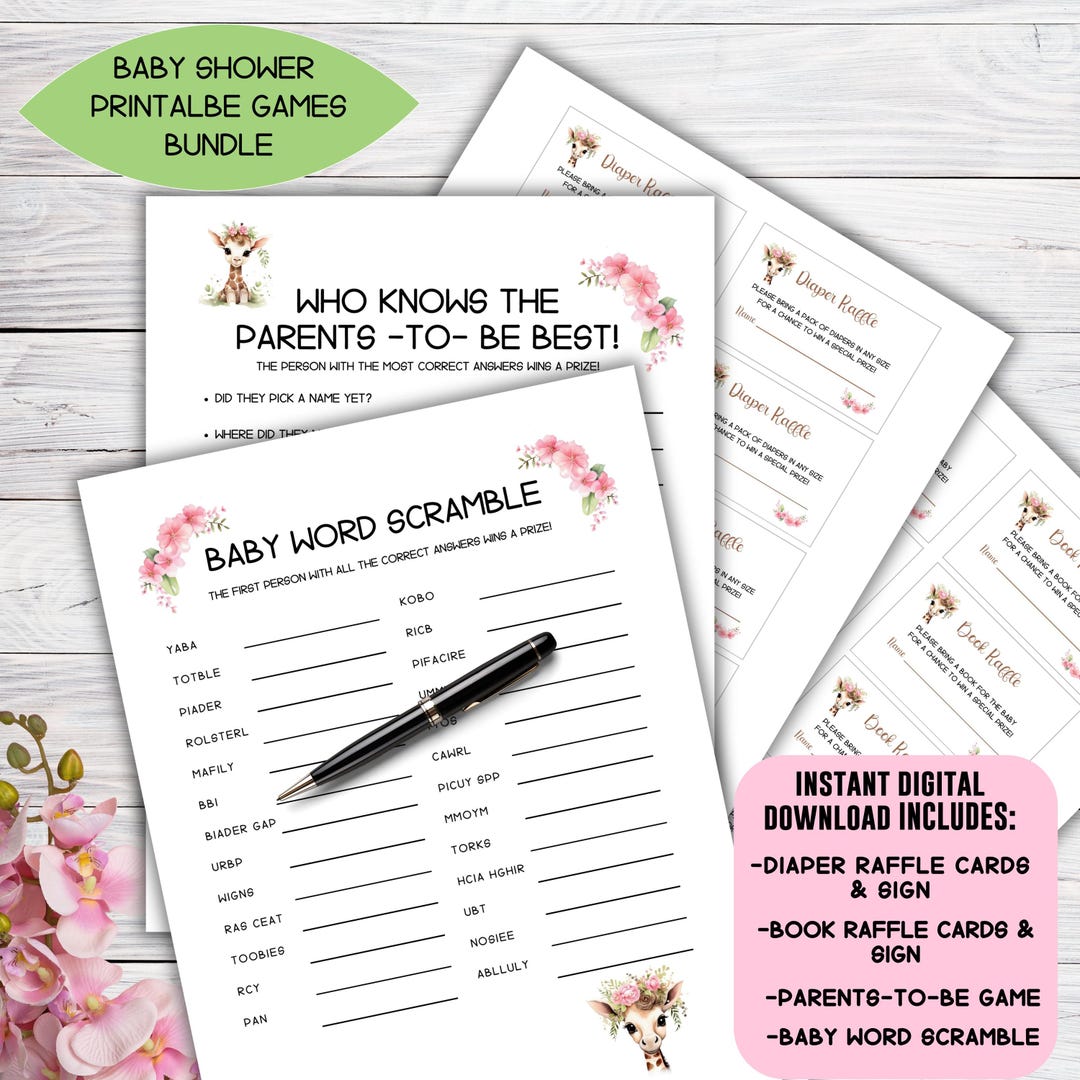 Giraffe Baby Shower Game Bundle, Digital Diaper Book Raffle, Animal ...