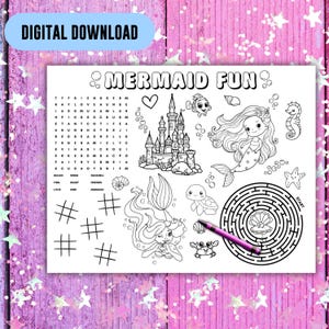 Mermaid Coloring Pages, Girl Birthday Activity Sheet, Kid Party Favor ...
