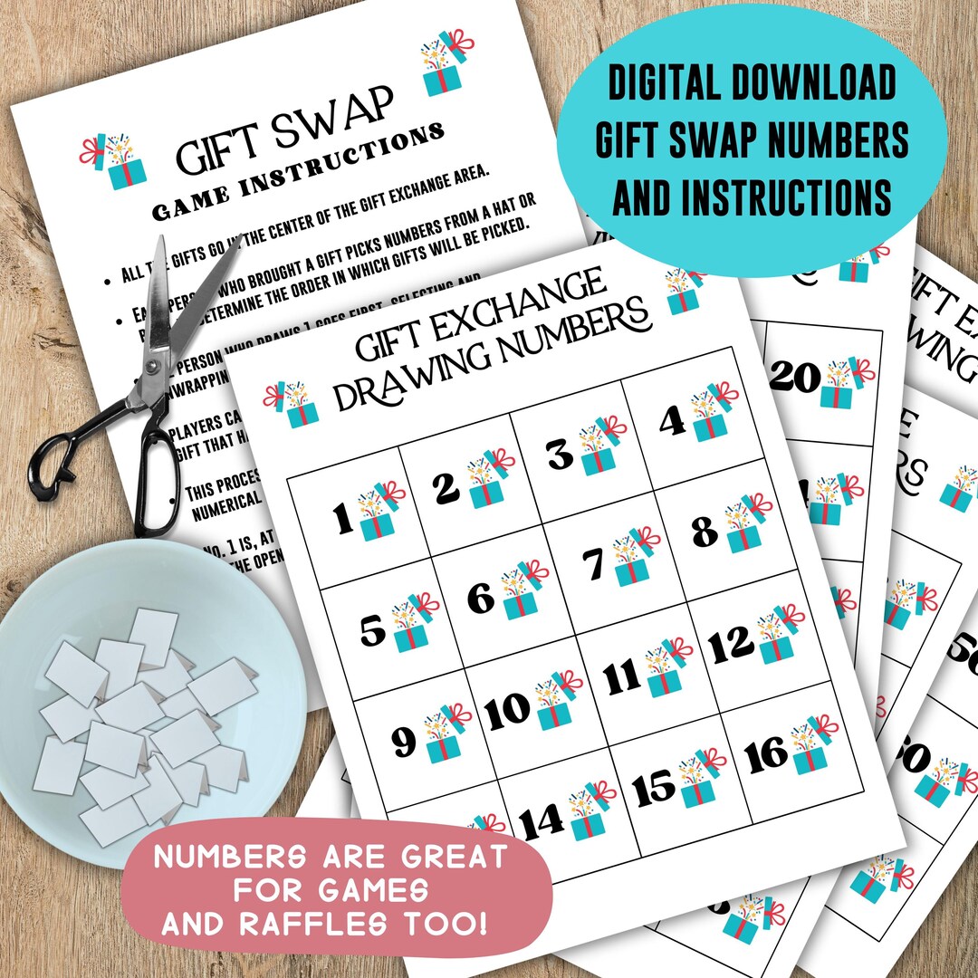 Digital White Elephant Swap Number Card Sheet, Printable New Year Party ...