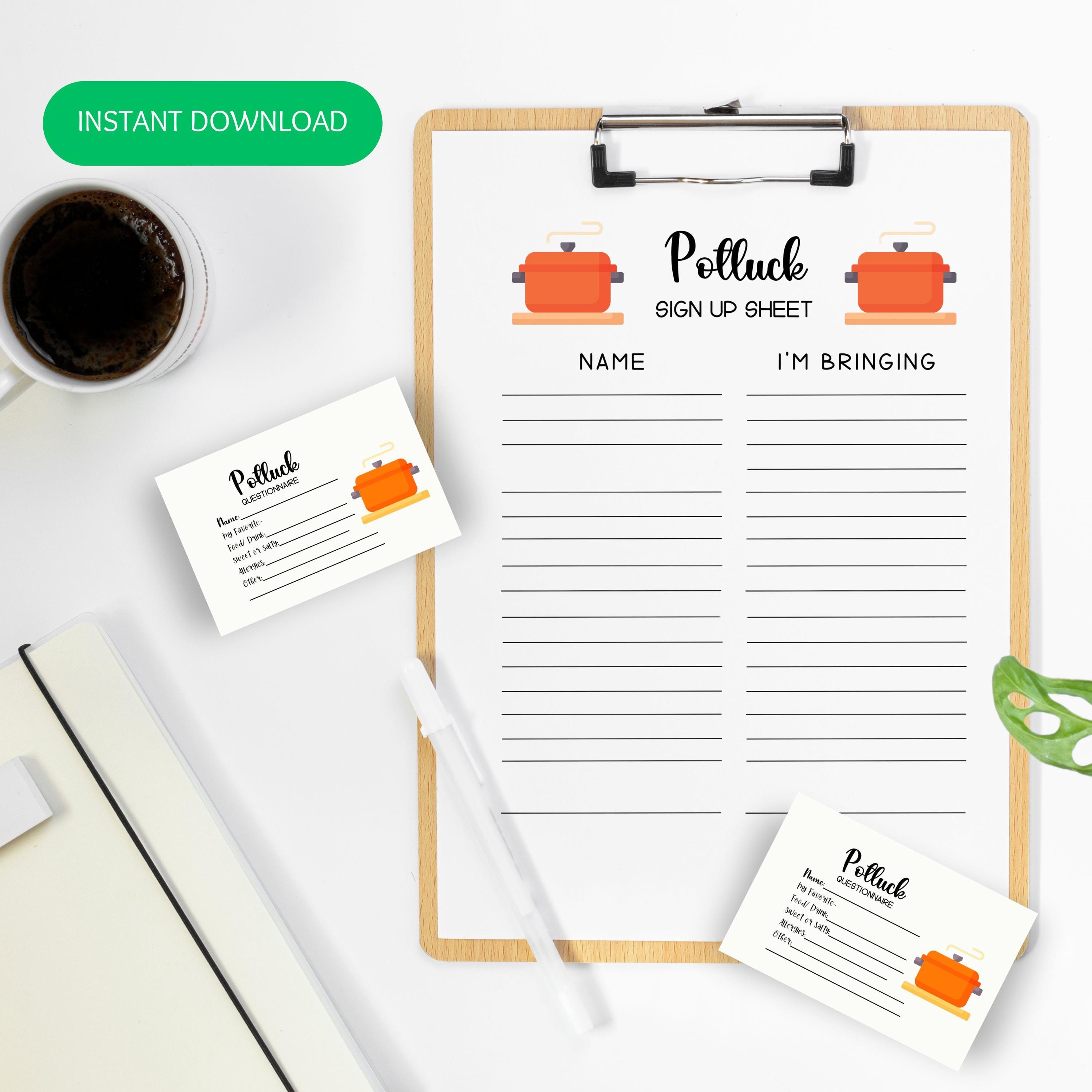 Potluck Signup Sheet & Questionnaire Card, Office Party Digital ...