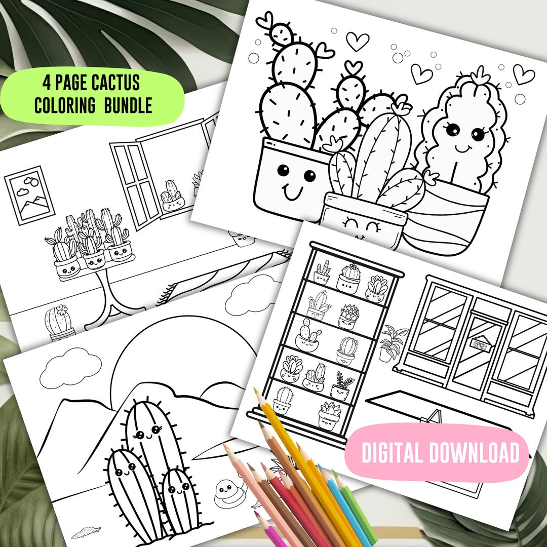 Kawaii Cactus Coloring Pages Bundle, Printable Plant Lover Digital ...