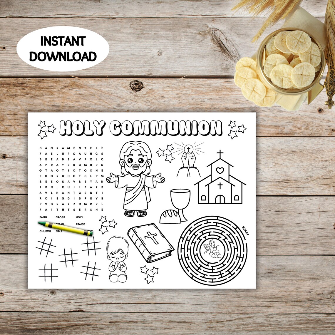Holy Communion Printable Coloring Activity Page, Kid Tic Tac Toe ...