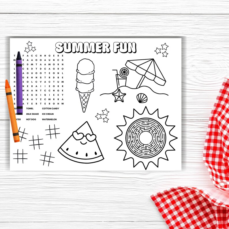 2 Summer Coloring Activity Placemat, Printable Summer Kids Games Gift ...