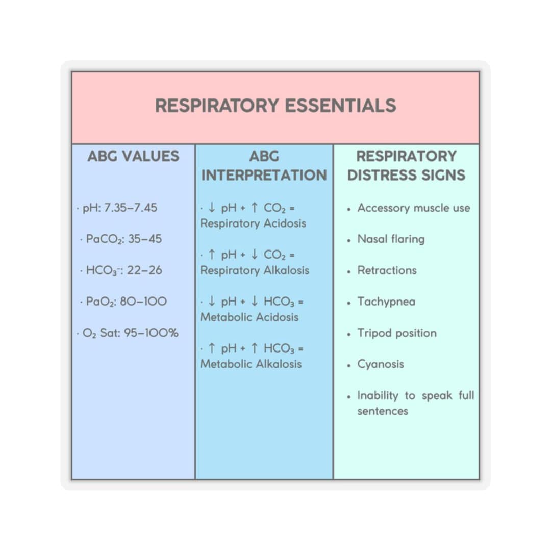 ABG Values & Respiratory Distress Sticker, Nursing ABG Cheat Sheet ...
