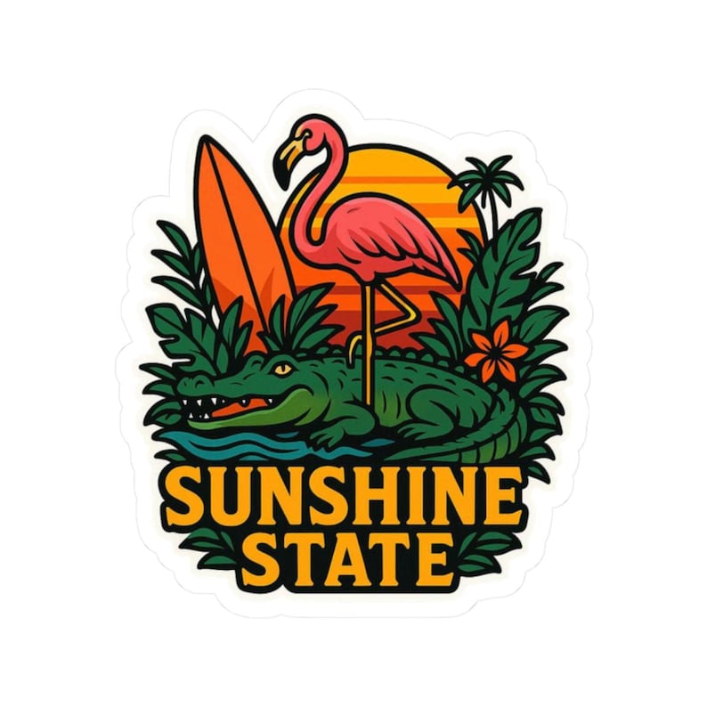 Florida Sunshine State Sticker,flamingo, Alligator Surfboard Retro Sun ...