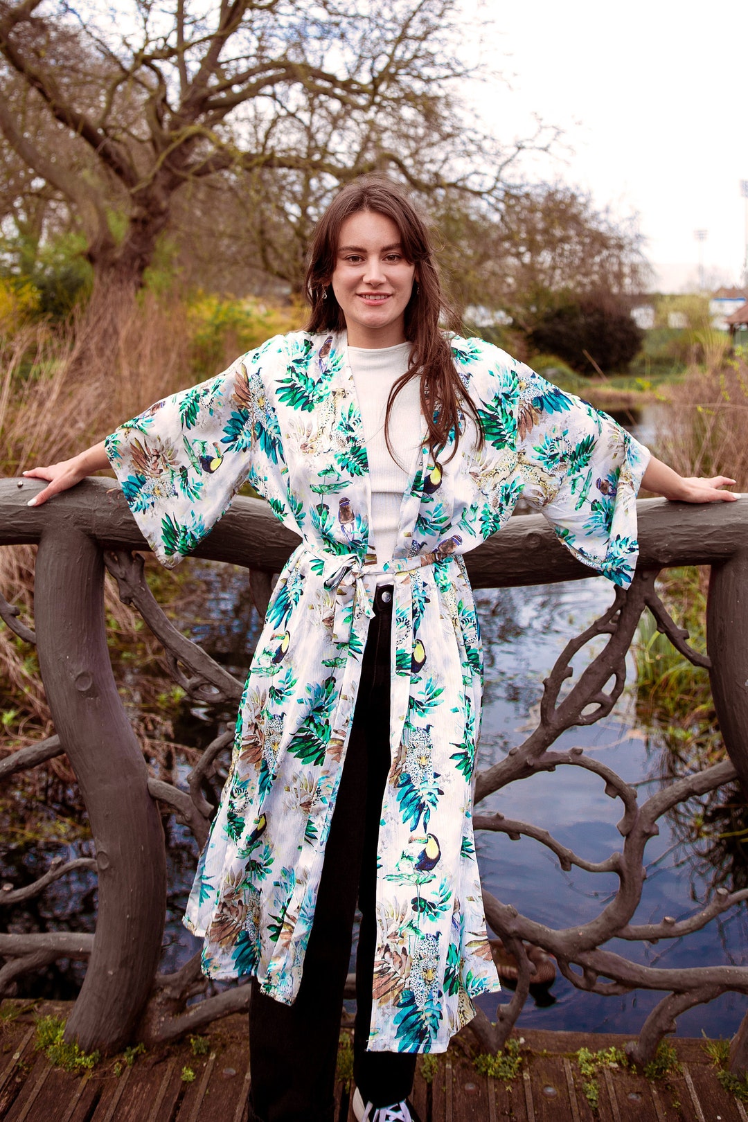 Handmade Soft Silk Cotton Blend Bohemian Kimono Robe Floral, Tropical ...