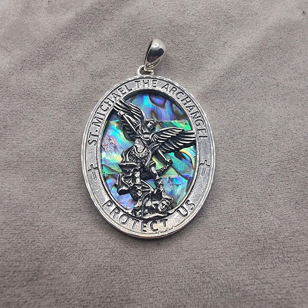 925 Sterling Silver Saint Michael Archangel Inlay Pendant Iridescent ...
