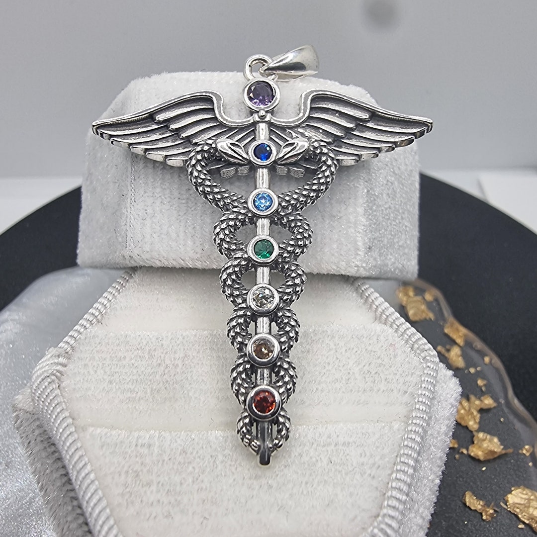 Caduceus NHS Pendant 925 Sterling Silver Double Snake Wings Design With ...