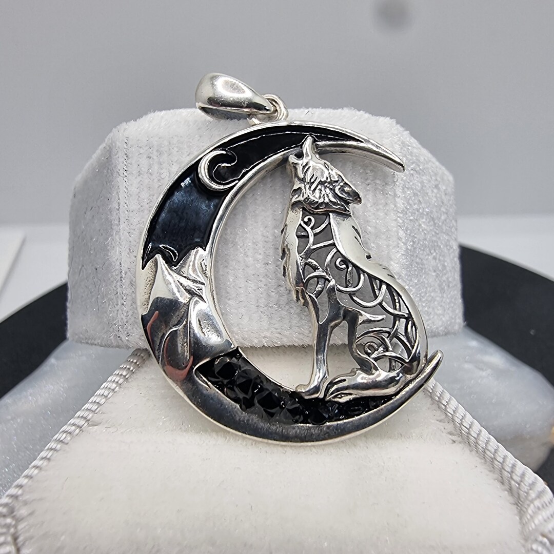 Celtic Wolf Pendant 925 Sterling Silver Crescent Moon Amulet With Black ...