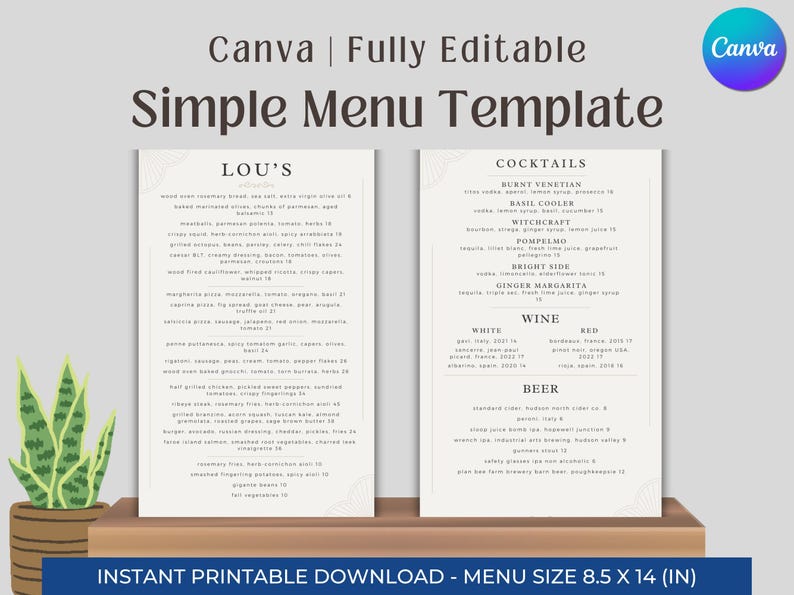 Simple Restaurant Menu, Canva Template, Editable Restaurant Menu ...