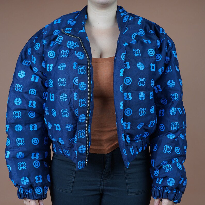 Hand Screen-print Puffer Jacket in Blue Cropped - Etsy