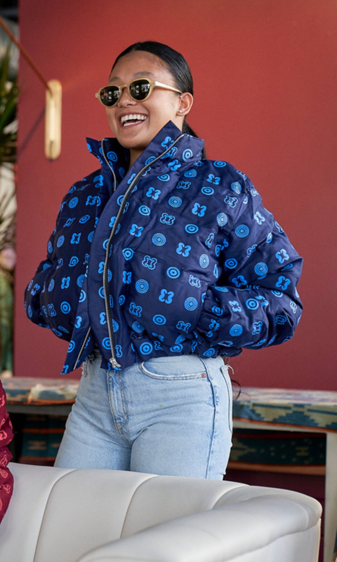 Hand Screen-print Puffer Jacket in Blue Cropped - Etsy