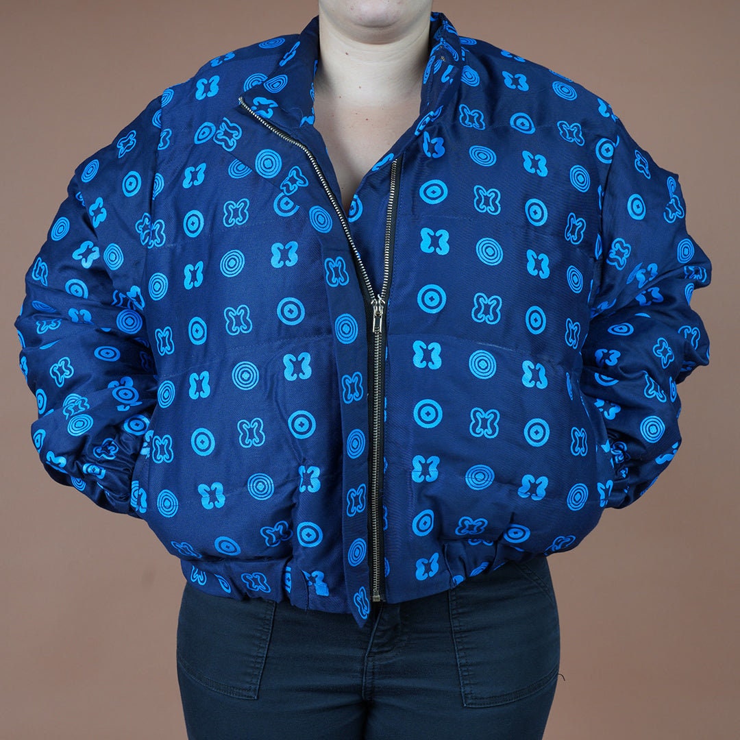 Hand Screen-print Puffer Jacket in Blue Cropped - Etsy