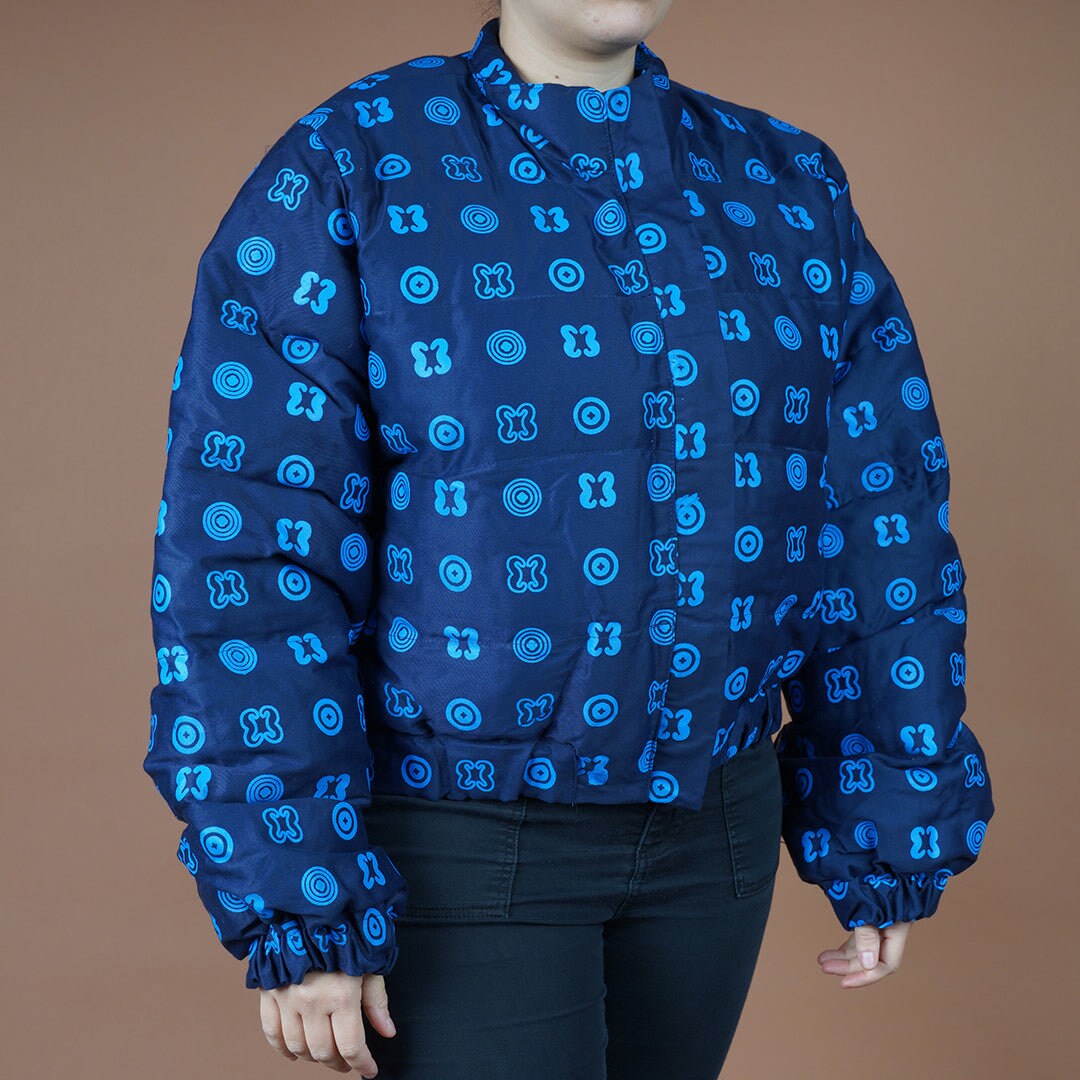 Hand Screen-print Puffer Jacket in Blue Cropped - Etsy