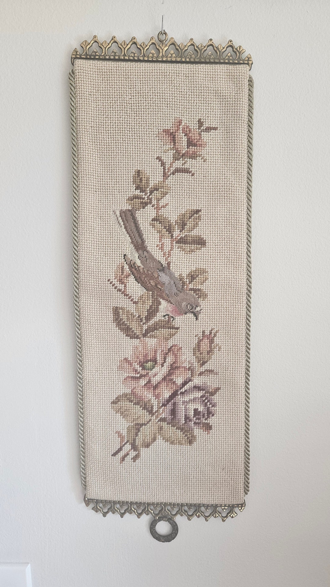 Vintage Small Victorian-style Tapestry Needlepoint Bell Pull With Brass ...