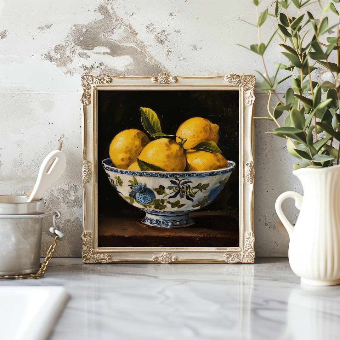 Italian Lemon Bowl Still Life Oil Painting Print - Kitchen Wall Art ...