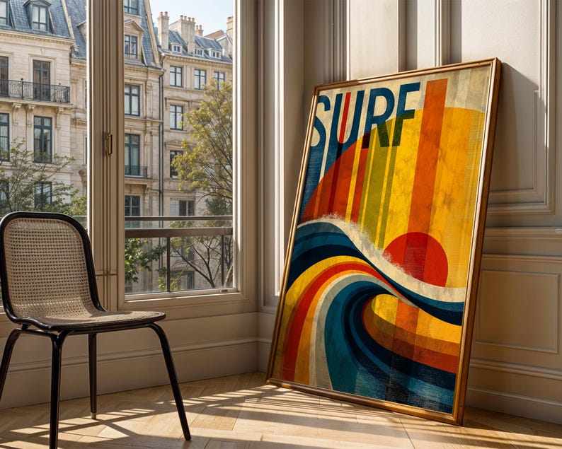 Retro Surf Art Print, Vintage-style Wave and Sun Poster, Colorful 70s ...