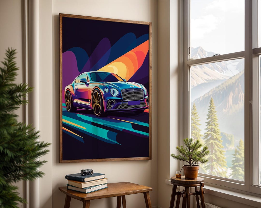 Vibrant Bentley Car Art Print - Neon Pop Art Style With Futuristic ...