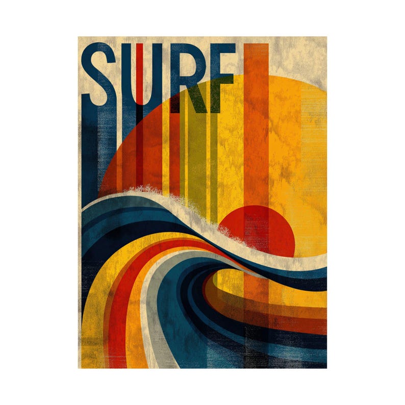 Retro Surf Art Print, Vintage-style Wave and Sun Poster, Colorful 70s ...