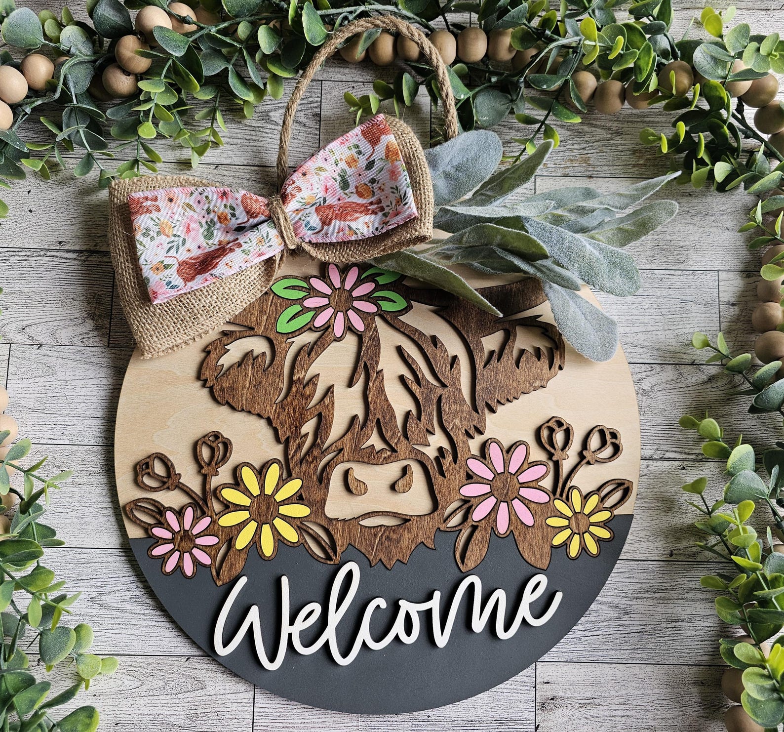 12" Highland Cow, Door Sign, Welcome Home, Porch Signs, Door Hanger ...
