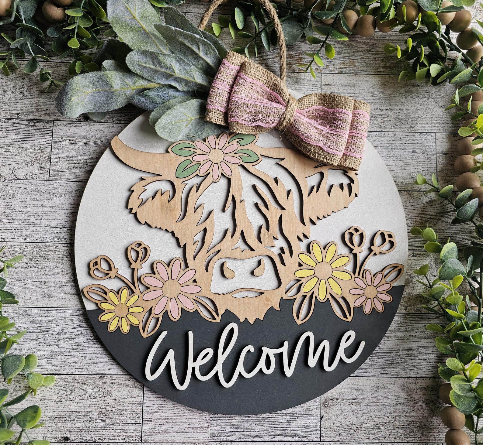 12" Highland Cow, Door Sign, Welcome Home, Porch Signs, Door Hanger ...