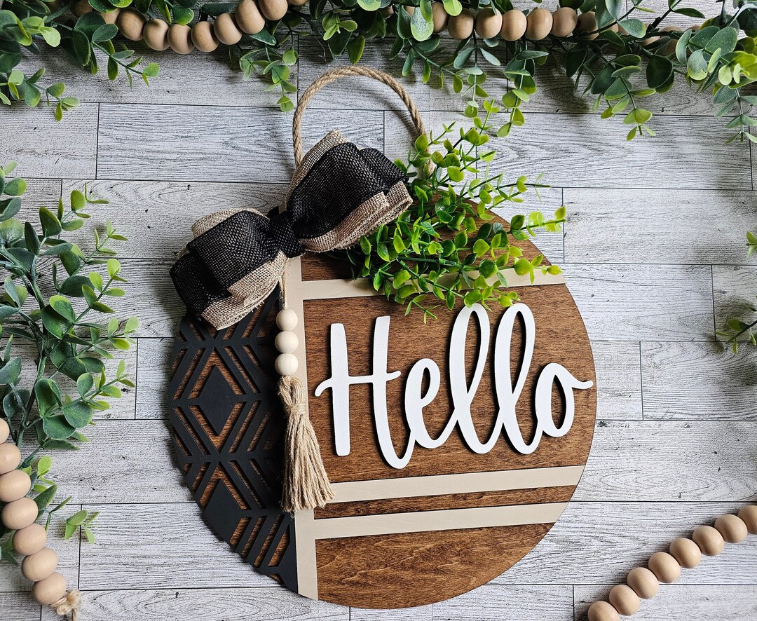12" Hello Door Sign With Greenery and Bow - Etsy