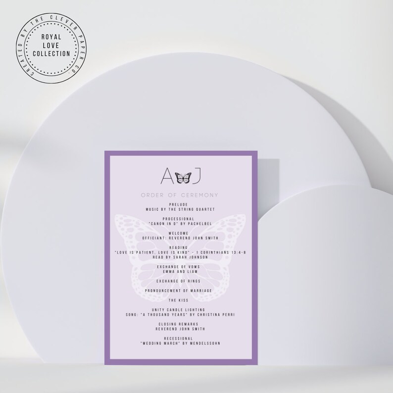 Wedding Order of Ceremony Card Template | Lilac & Butterfly Design ...
