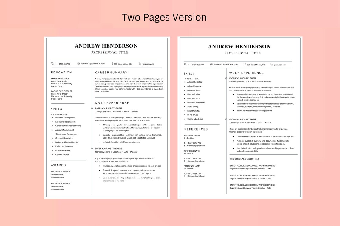 Professional Resume Template for MS Word, Mac Pages, Google Docs Resume ...