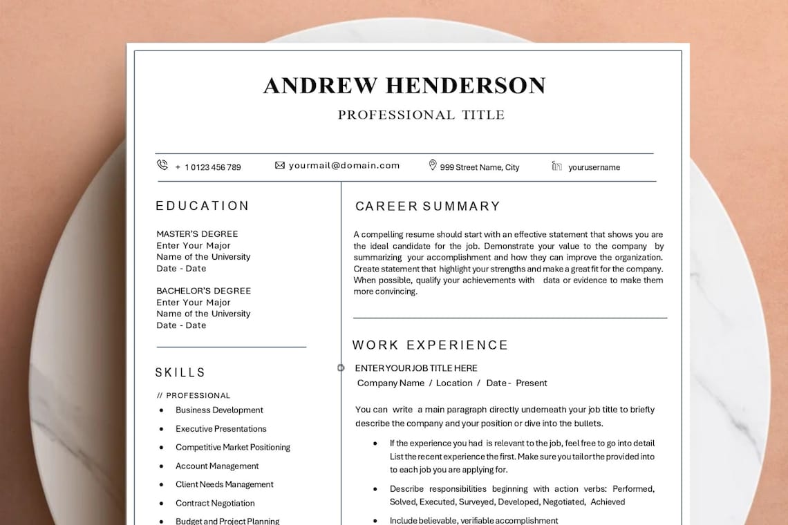 Professional Resume Template for MS Word, Mac Pages, Google Docs Resume ...