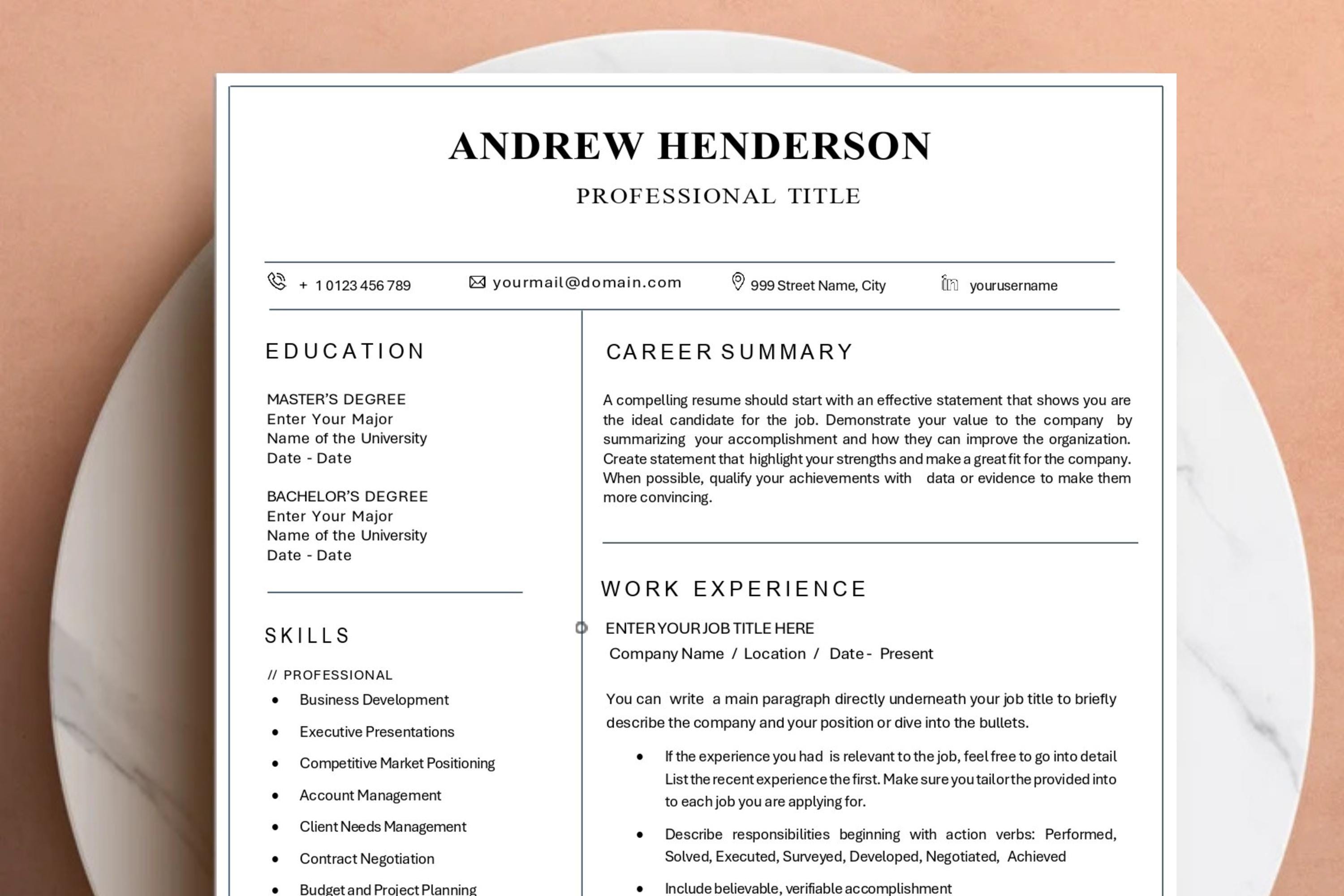 Professional Resume Template for MS Word, Mac Pages, Google Docs Resume ...