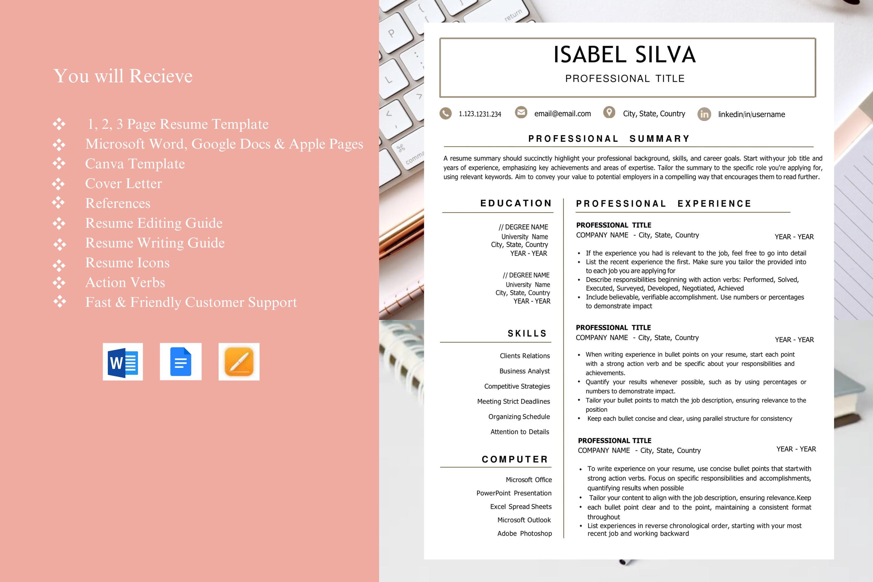 Resume CV Templates for Google Docs, Word, Apple Pages | Professional ...